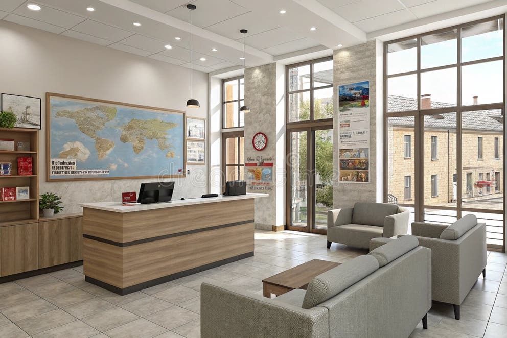 Interior Design of Hostel Reception - 3D Illustration Stock ...