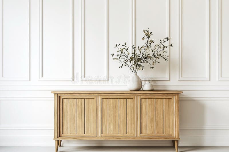 Modern Minimalist Interior with Wooden Sideboard and Indoor Plants ...