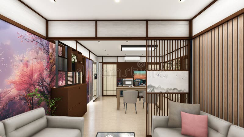 Interior Design of a Japanese Style Living Room with Woodwork and False ...