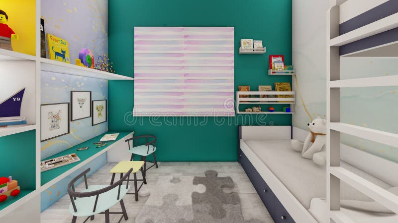 Interior Design Kids Bedroom Teal Green Realistic 3d Render Stock ...