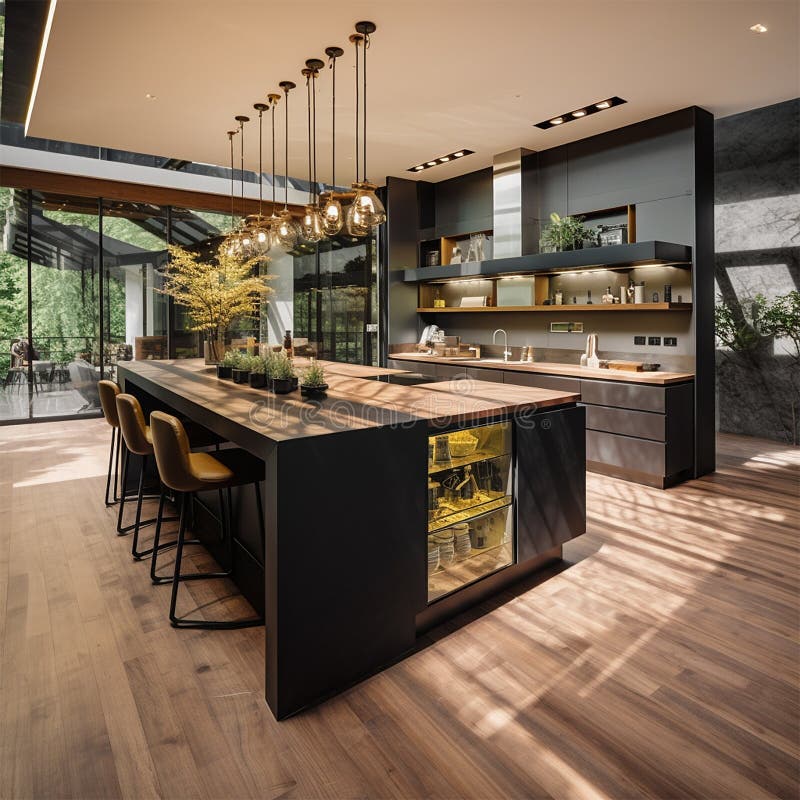 Interior Design of a Kitchen with a Bar and Lights, Modern Finishes ...