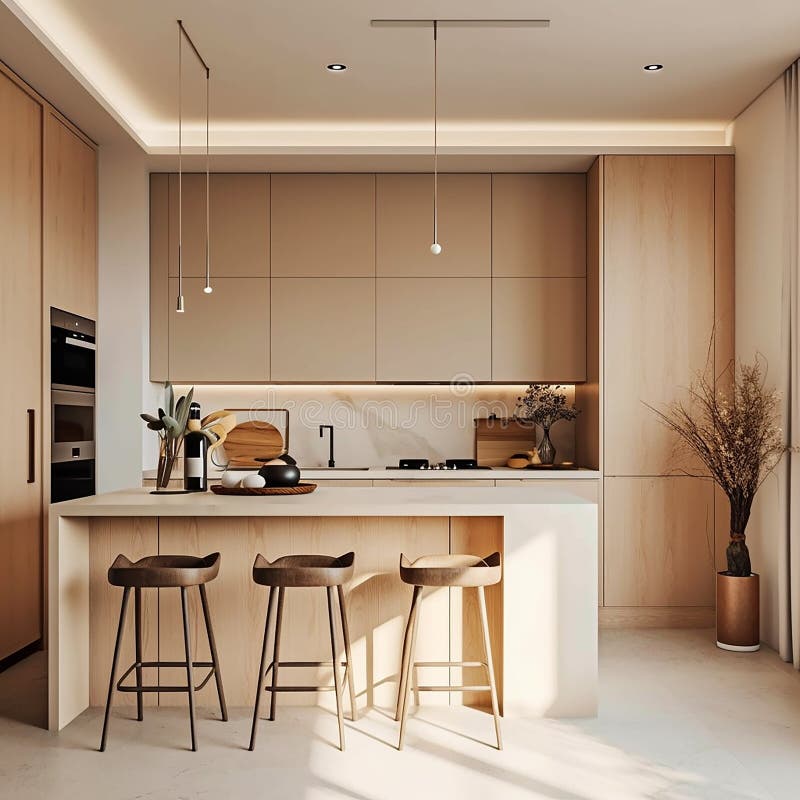 Interior Design of a Kitchen, Minimal Style, Beige and Wood Stock ...