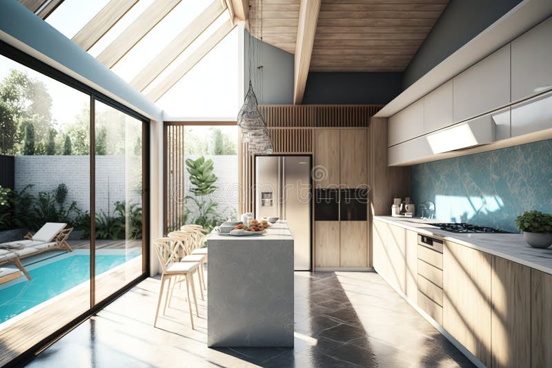 Interior Design of a Kitchen in a Modern House with an Open Terrace and ...