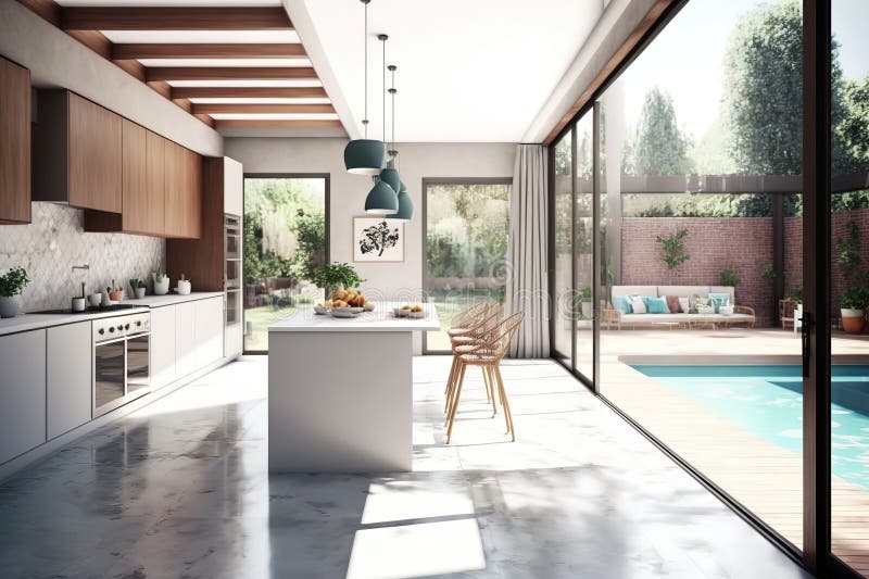 Interior Design of a Kitchen in a Modern House with an Open Terrace and ...