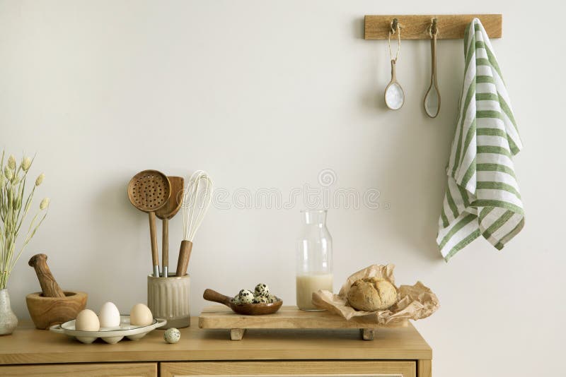 Interior Design of Kitchen Space with Rattan Commode, Milk, Eggs, Food ...