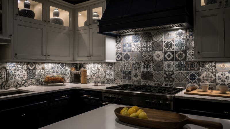 Interior Deisgn of Kitchen in Transitional Style with Backsplash Stock ...