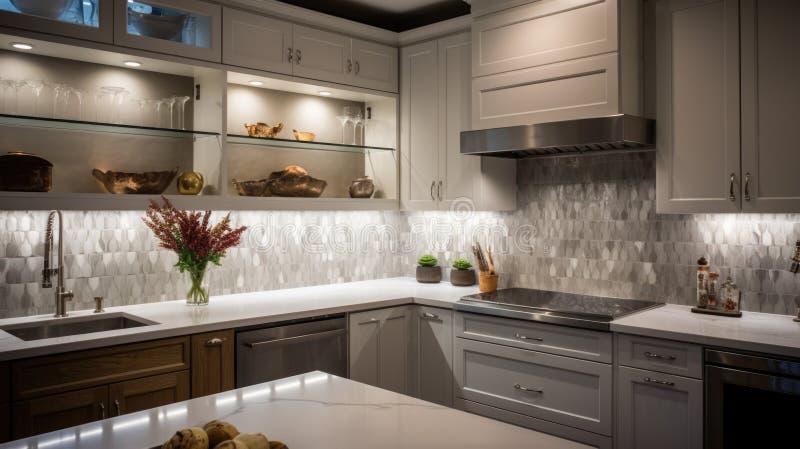 Interior Deisgn of Kitchen in Transitional Style with Backsplash Stock ...