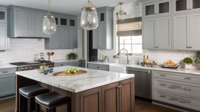Interior Deisgn of Kitchen in Transitional Style with Kitchen Island ...