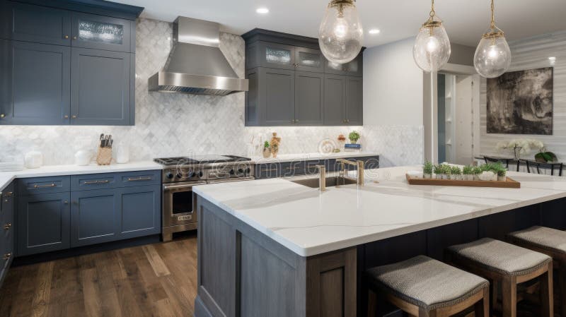 Interior Deisgn of Kitchen in Transitional Style with Kitchen Island ...