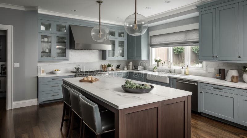 Interior Deisgn of Kitchen in Transitional Style with Kitchen Island ...