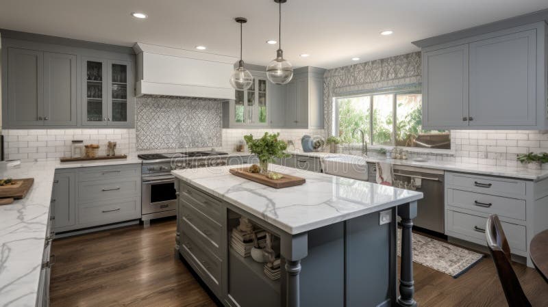 Interior Deisgn of Kitchen in Transitional Style with Kitchen Island ...