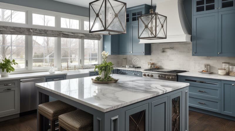 Interior Deisgn of Kitchen in Transitional Style with Kitchen Island ...