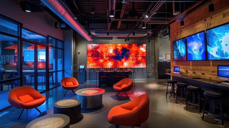 A Room with Tables, Stools, and a Wall Screen in a Spacious Interior ...