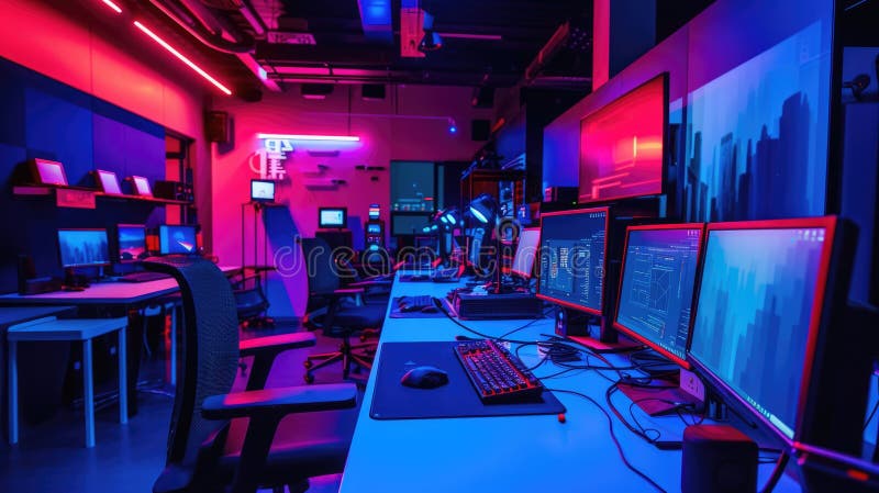 A Room with Tables, Stools, and a Wall Screen in a Spacious Interior ...