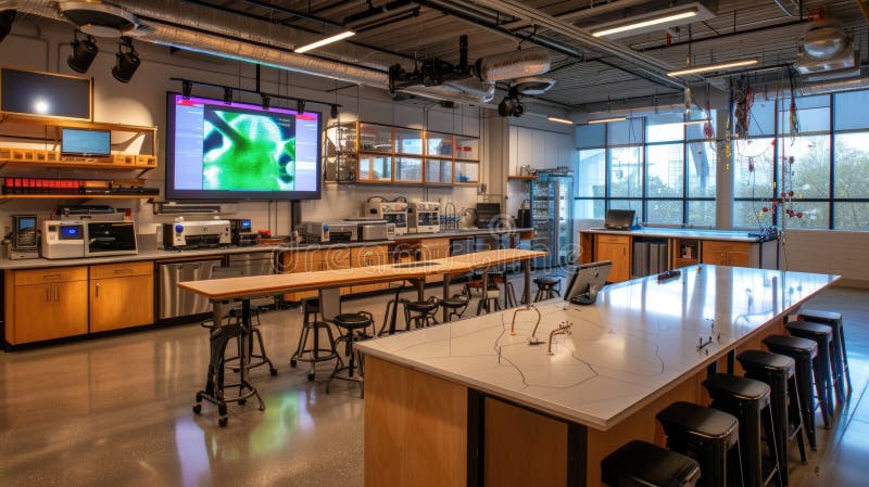 A Room with Tables, Stools, and a Wall Screen in a Spacious Interior ...