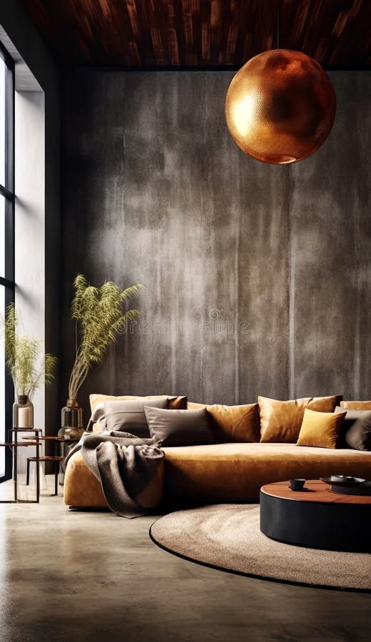 Interior Design of Living Room with Copy Space, Sofa, Leaf in Vase ...