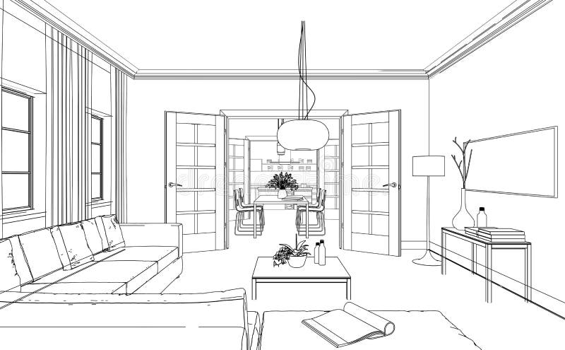 Interior Design Living Room Custom Drawing Stock Illustration ...