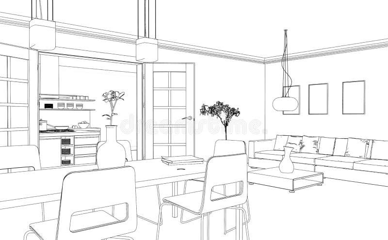 Interior Design Living Room Custom Drawing Stock Illustration ...