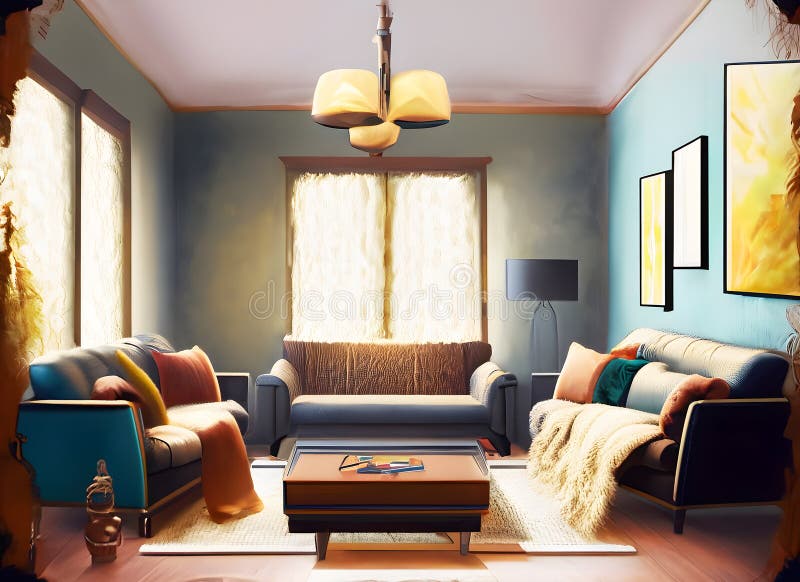 Interior Design Living Room Digital Art, Generative AI Stock ...