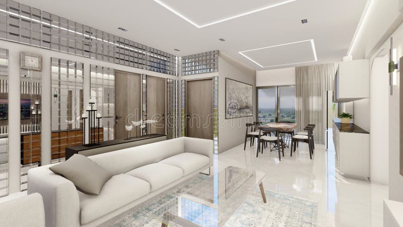 Interior Design of a Living Room with False Ceiling and Lighting 3d ...