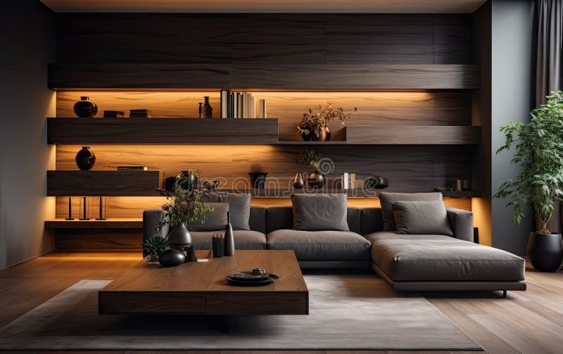 Interior Design of a Living Room in Modern Style in Dark Tone with ...