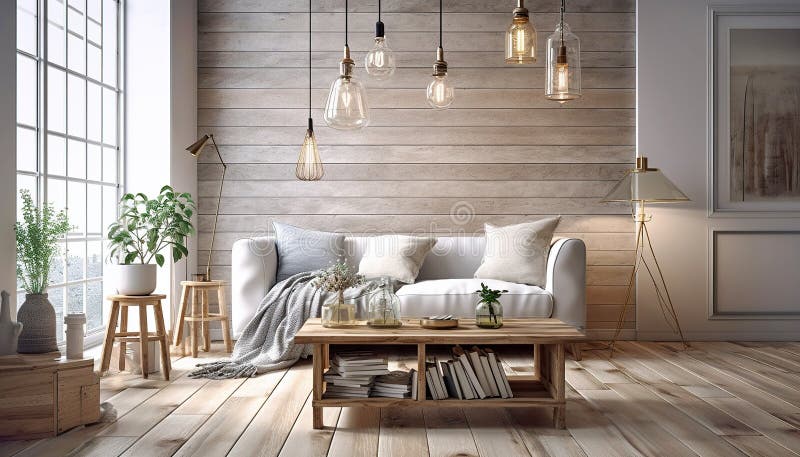 Interior Design of Living Room with Natural Wood Furniture and White ...