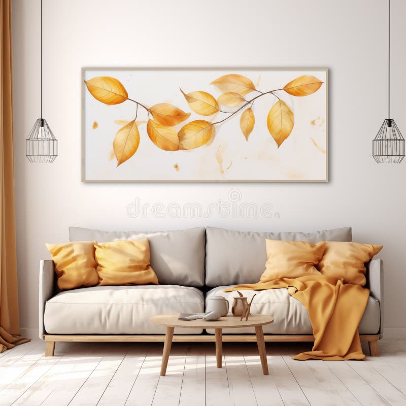 Interior Design Living Room with Sofa, Coffee Table and Yellow Autumn ...