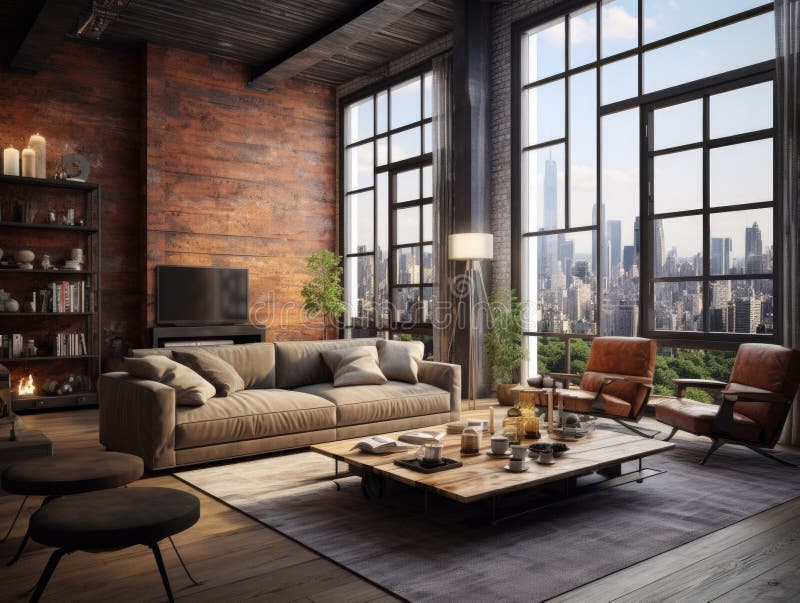 Luxury Loft Style Interior Design of Modern Living Room Stock ...
