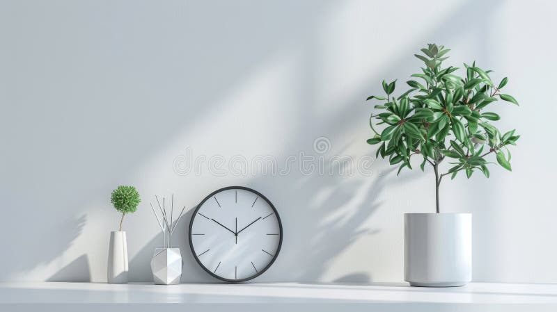 Interior Design, Minimalist Interior Design with Plant and Clock Decor ...