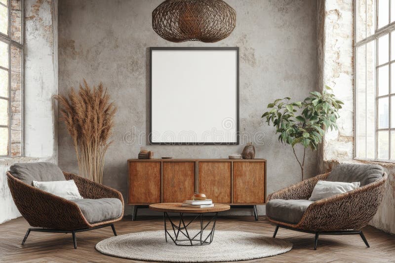 Interior Design Mockup of Stylish Armchairs and Drawer Near Window ...