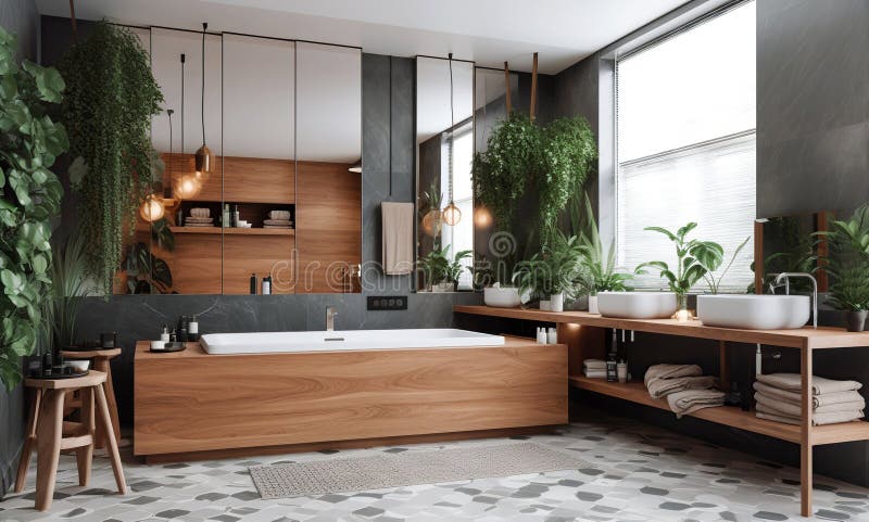 Interior Design of Modern Bathroom, Bath Tub Decorated with Wood and ...