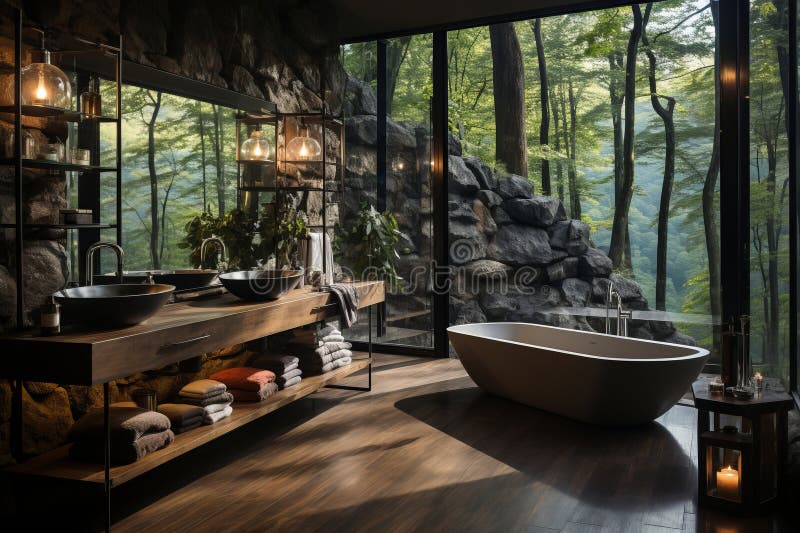 Interior Design of Modern Bathroom in Farmhouse with Forest View. AI ...