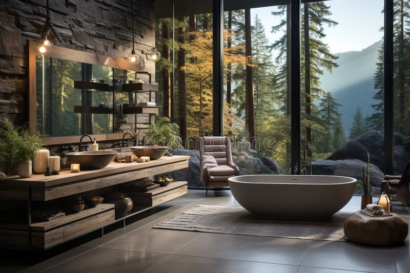 Interior Design of Modern Bathroom in Farmhouse with Forest View. AI ...