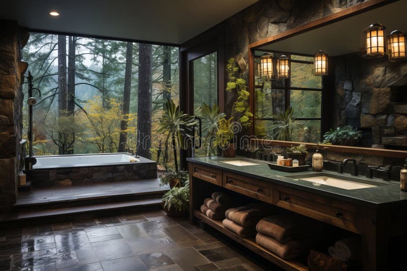 Interior Design of Modern Bathroom in Farmhouse with Forest View. AI ...