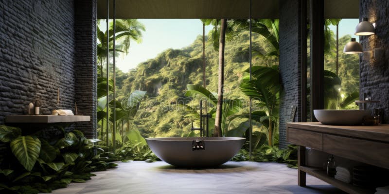 Interior Design of Modern Bathroom with Marble Flooring and Greenery in ...