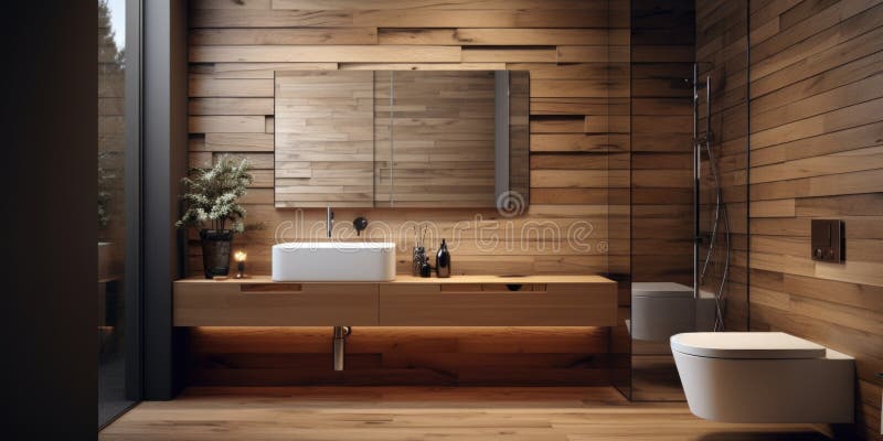 Interior Design of Modern Bathroom with Solid Natural Wood Wall Stock ...