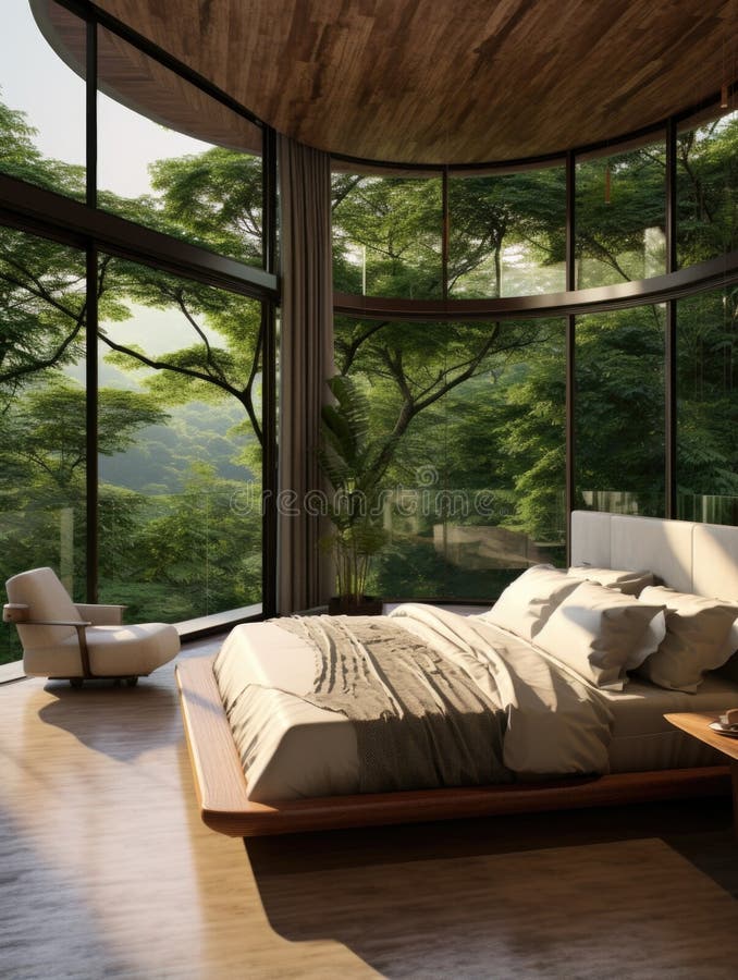 Interior Design of Modern Bedroom with Big Panoramic Windows in ...