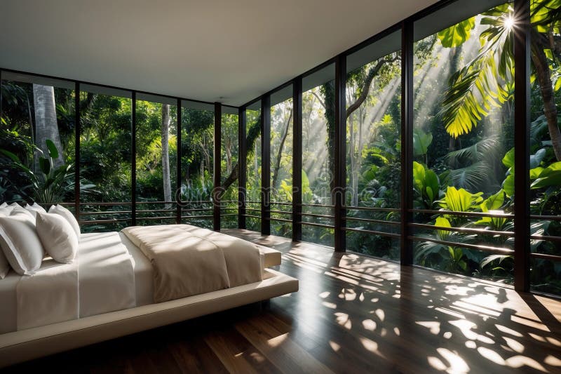 Interior Design of Modern Bedroom with Big Panoramic Windows in ...