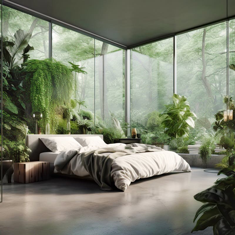 Interior Design of Modern Bedroom with Big Panoramic Windows in ...