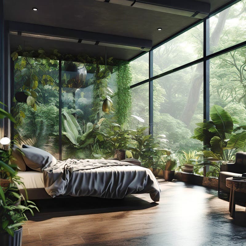 Interior Design of Modern Bedroom with Big Panoramic Windows in ...