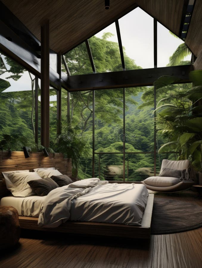 Interior Design of Modern Bedroom with Big Panoramic Windows in ...