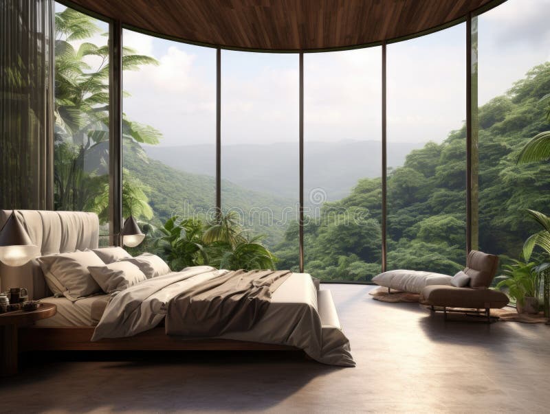 Interior Design of Modern Bedroom with Big Panoramic Windows in ...