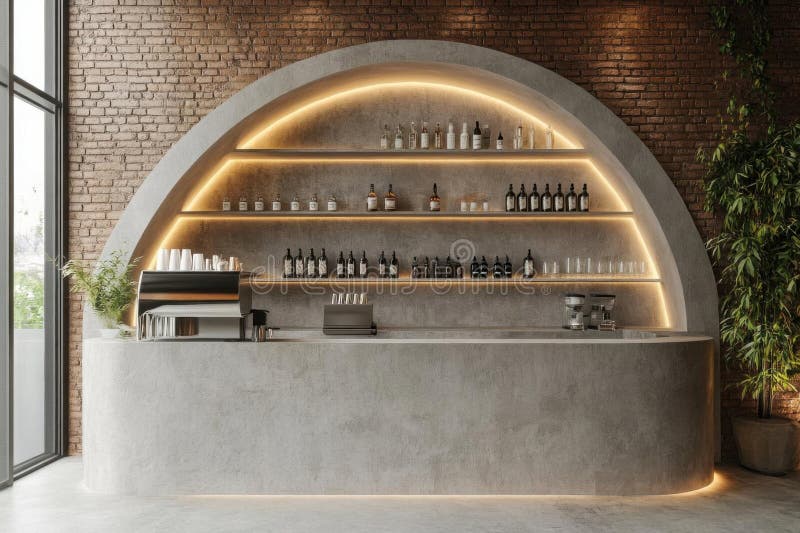 Interior Design, a Modern Cafe with Brick Walls and Arch Shelves ...