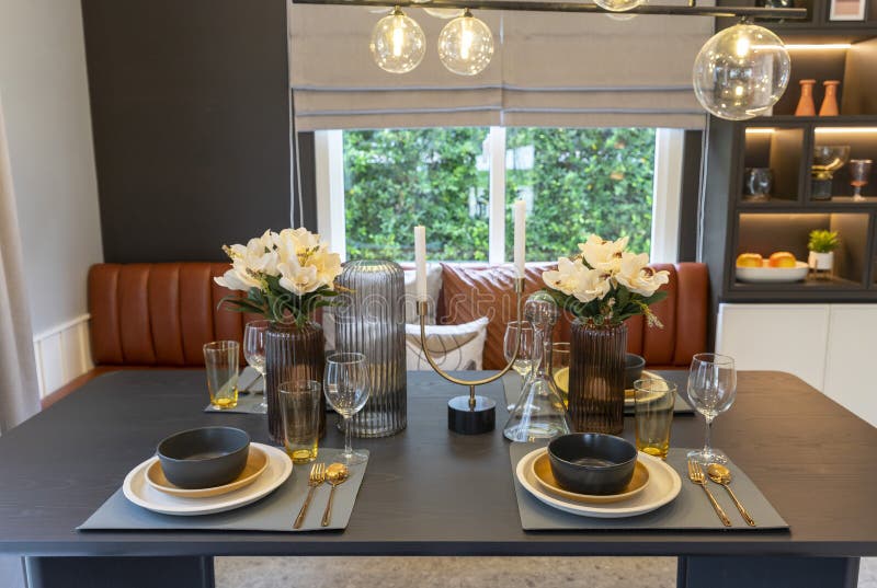 Interior Design of Modern Dining Room and Plate Setting on Table. Stock ...
