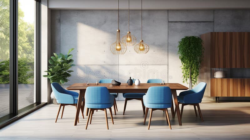 Interior Design of Modern Dining Room Wooden Table and Blue Chairs ...