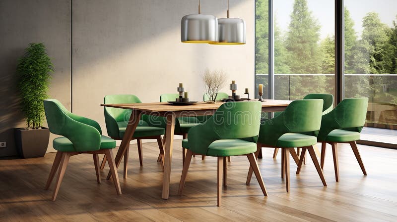 Interior Design of Modern Dining Room Wooden Table and Green Chairs and ...