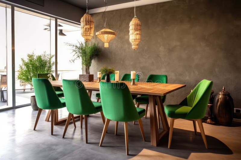 Interior Design of Modern Dining Room, Wooden Table and Green Chairs ...