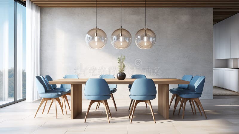 Interior Design of Modern Dining Room Wooden Table and Light Blue ...