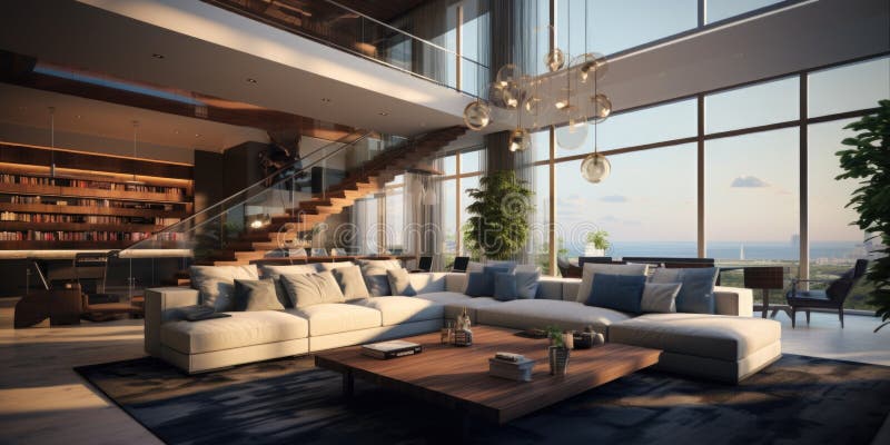 Interior Design of Modern Double-height Living Room Stock Illustration ...