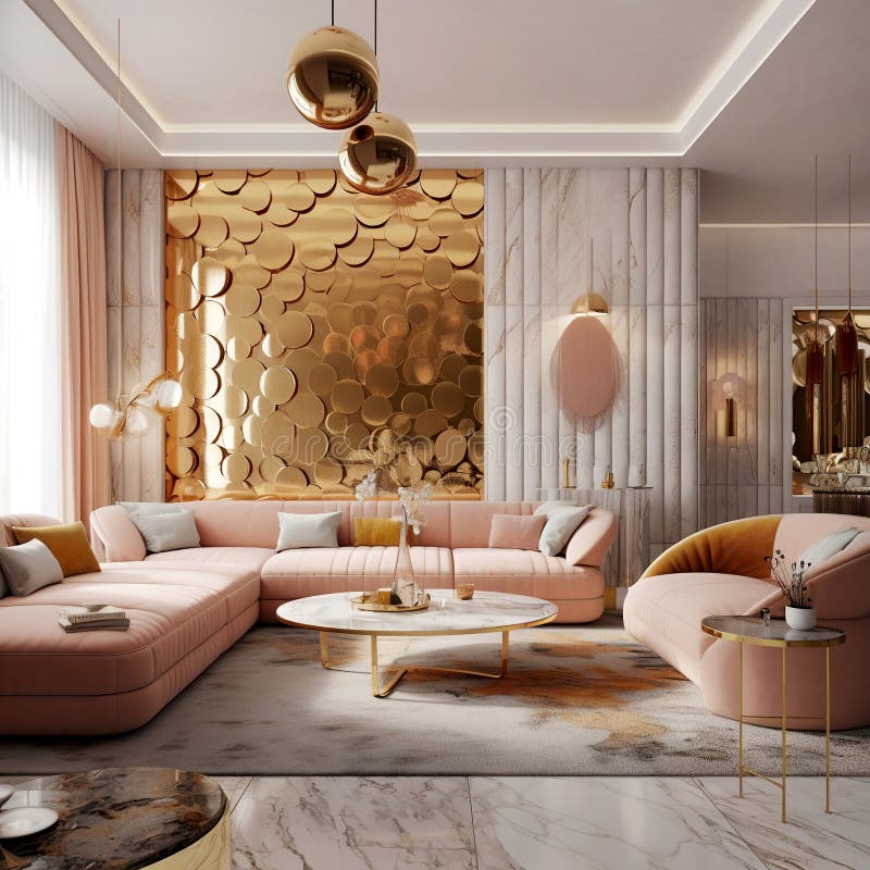 Interior Design of Modern Hollywood Regency Living Room with Golden ...